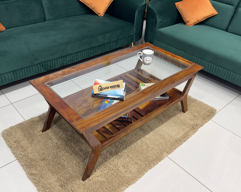 Sheesham Wood Coffee Table/ Centre Table - Glass Top Design - Natural ...